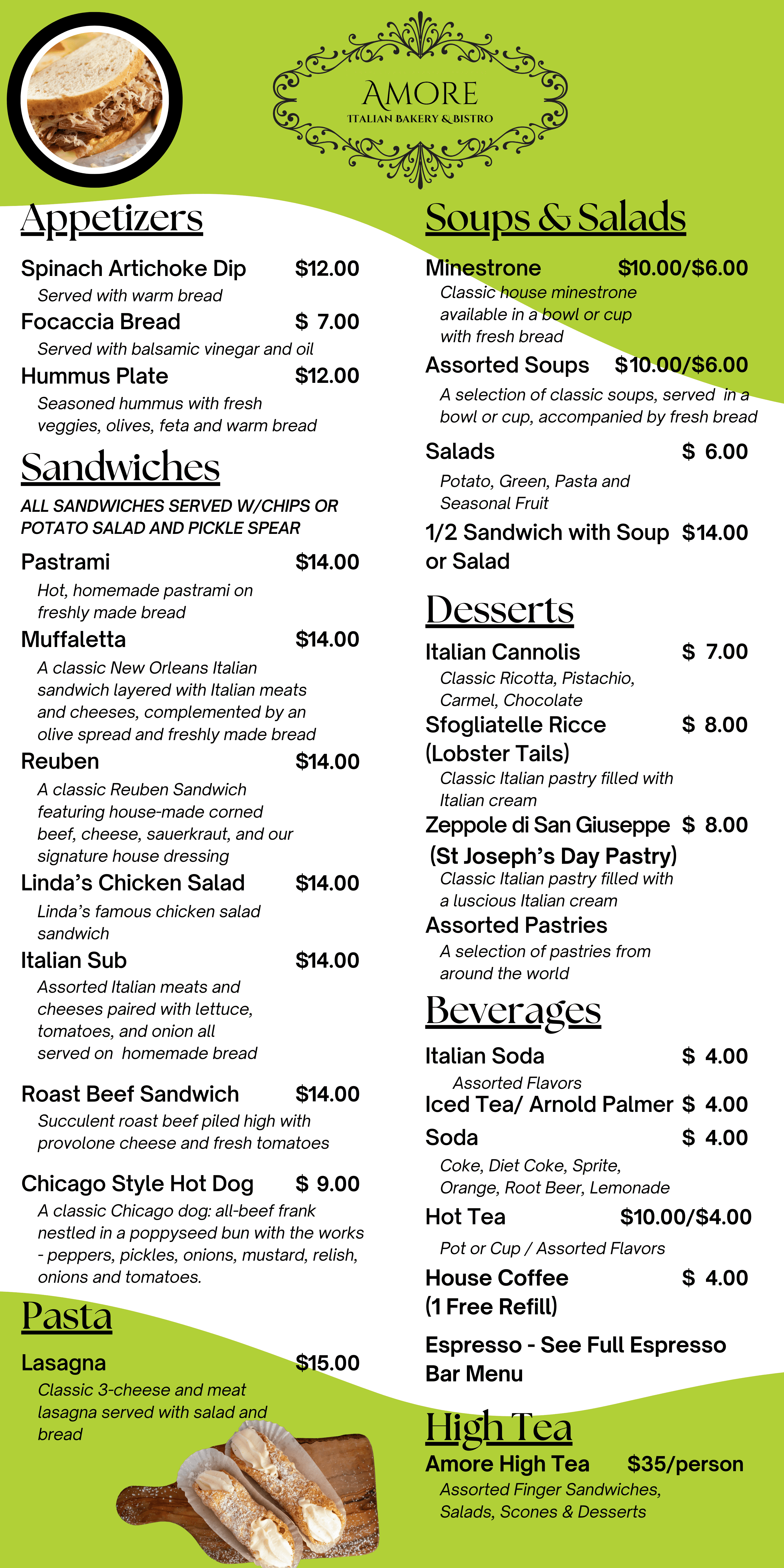 Restaurant Menu - Amore Italian Bistro & Bakery